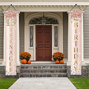 13th Birthday Decorations Door Banner for Girls, Pink Rose Gold 13 Teenager Happy Birthday Sign Party Supplies, Sweet Thirteen Year Old Birthday Backdrop Porch Décor