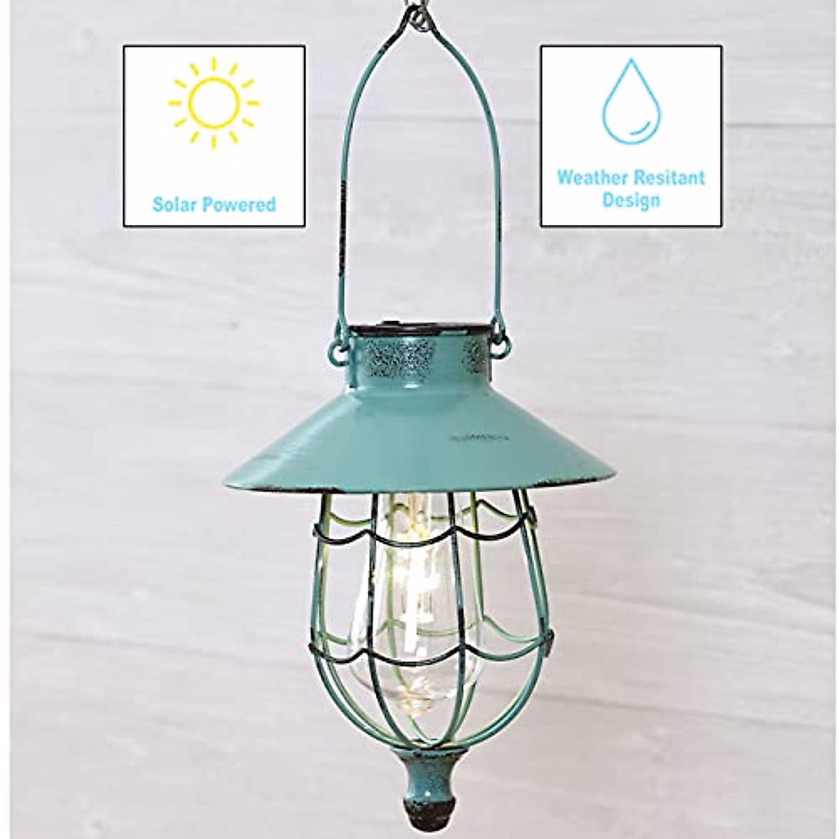 Distressed Porch Lantern - Solar-Powered Light with Vintage-Style Cage - Green