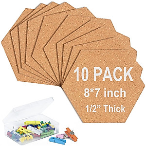 SVOPY Cork Bulletin Board Hexagon - Decorative Display Boards, 1/2" Thick Self-Adhesive Cork Board Tiles for Home Office Decor,School Message Board (10 Pcs)