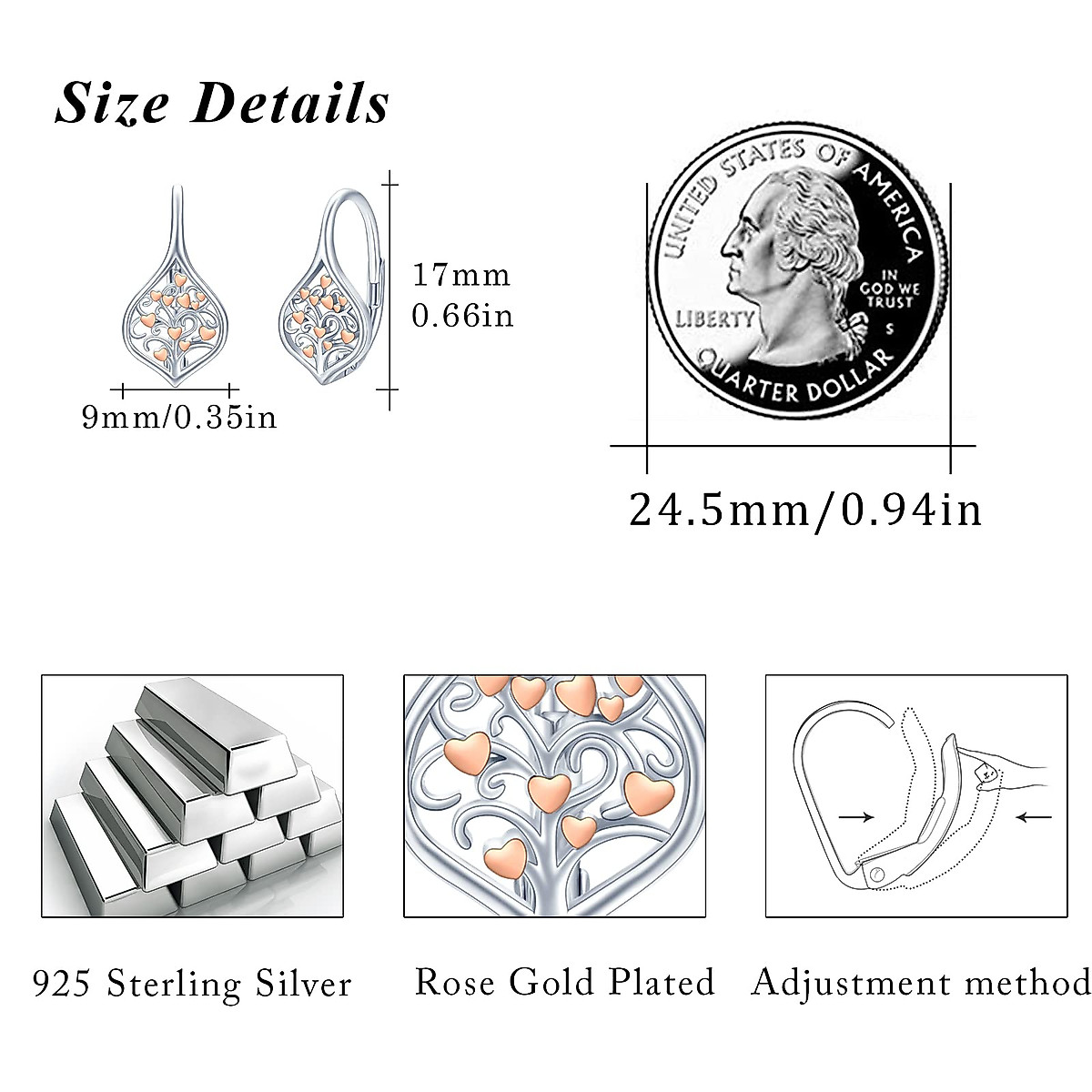 Tree of Life Leverback Earrings for Women Small Leverback Hoop Earrings Sterling Silver Dainty Rose Gold Hoops Earrings Tree of Life Jewelry