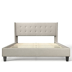 BONSOIR Bed Frame Upholstered Traditional Low Profile Platform with Wing Back Headboard/No Box Spring Needed/No Bed Skirt Needed/Linen Fabric Upholstery/Sand (Sand, King Size)