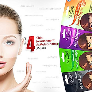 Naturel Finland Facial Mud Mask Set of 4 - Exfoliating, Deep Cleansing, Clarifying, Pore Minimizer, Hydrating, Aromatherapy, Cucumber, Dead Sea, Charcoal Face Peel