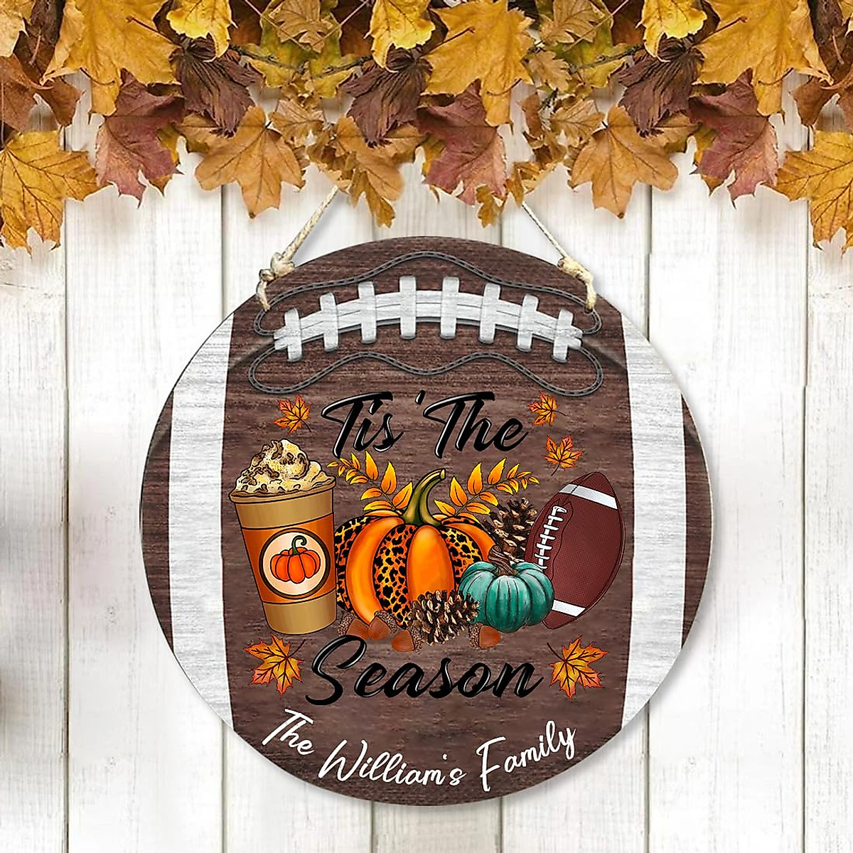 Personalized Football Door Hanger Fall Sign Custom Text Wooden Tis the season Front Door Sign Front Porch Decor Fall Welcome Sign Football Fall Hanging Decorations Autumn Thanksgiving Christmas Seasonal Decor