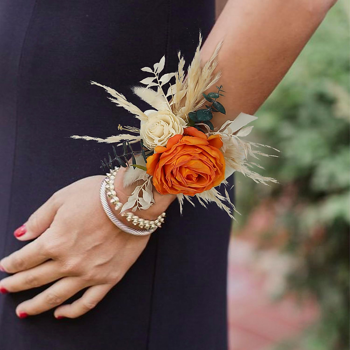 Rinlong 6pcs Dried Flower Wrist Corsage Wristlet Bridesmaid Bracelet Boho Terracotta Shoulder Corsage Wrist Flowers Wedding Bride Flower Accessories