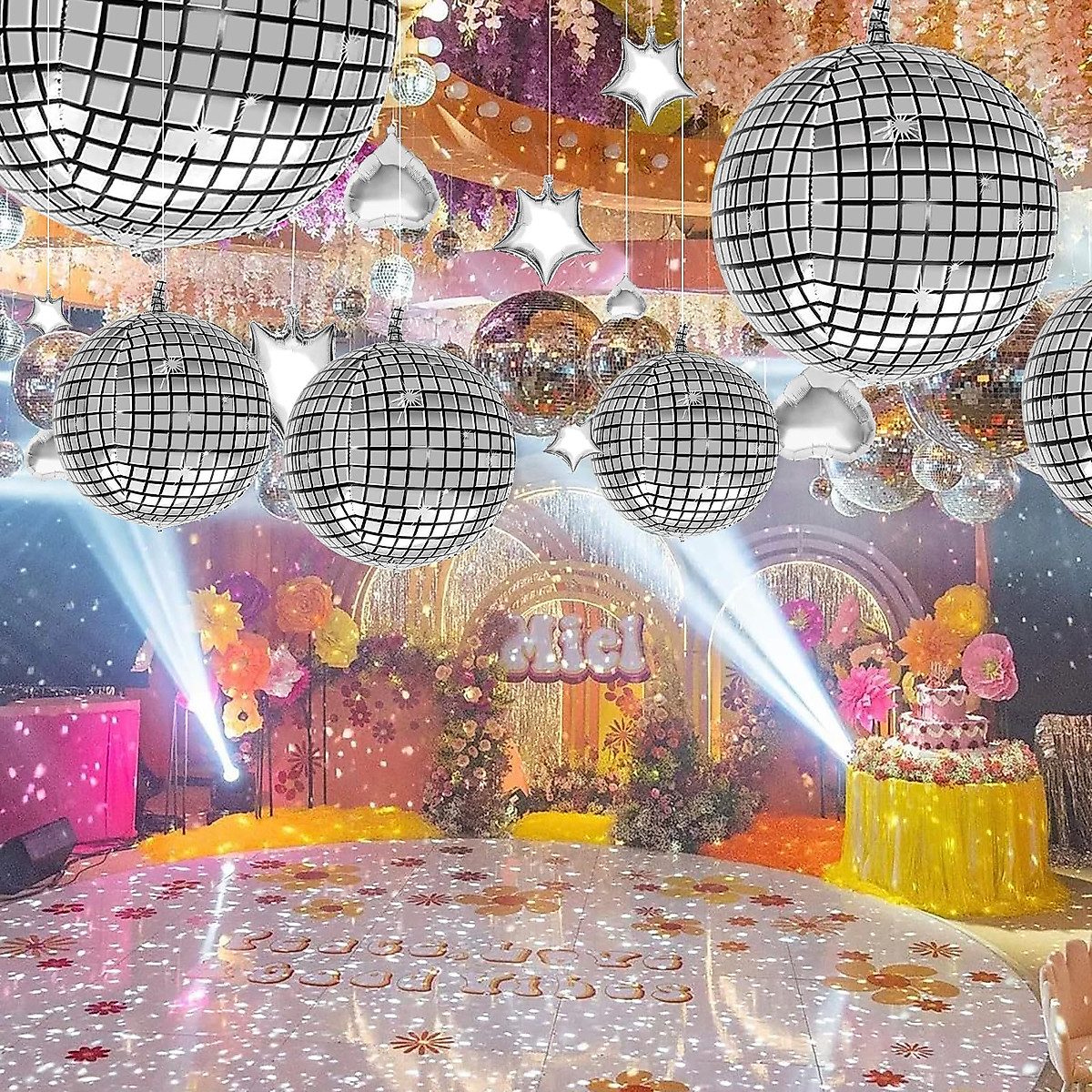 Jerbor 60PCS Disco Ball Balloons with Pump,4D Disco Party Decorations,Love-Shaped Star-Shaped Balloons,Silver Disco Mylar Balloons for 70s 80s Disco Themed Birthday New Year's Party Decor Supplies