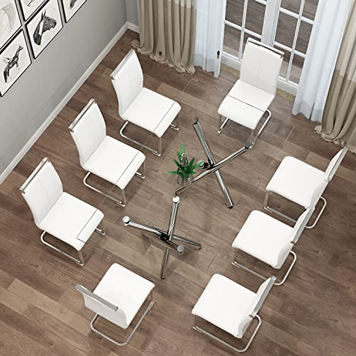 Baysitone 71inch Glass Dining Table Set for 8, Kitchen Table Set with Upholstered PU Leather Dining Chairs, Modern Tempered Glass Dinner Table Set with 8 Metal Frame Chairs, White