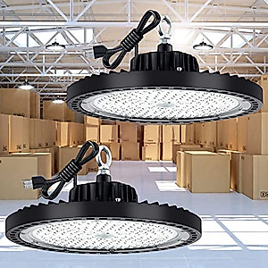 EVBFORU 2 Pack UFO LED High Bay Light, 200W LED High Bay Light, 5000K LED Shop Light with 29,000lm,US Plug, IP66 Commercial Warehouse Area Light for Wet Location Area, Workshop, Garage
