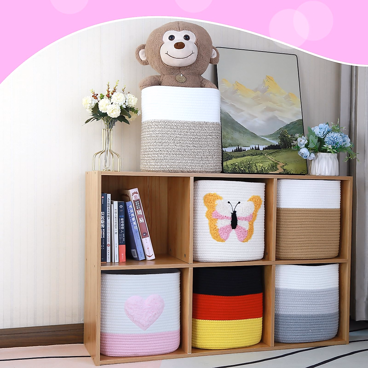 childishness ndup Woven Storage Cubes baskets for shelves，Baby Toy Basket for Shelves - Stylish Storage Baskets for Organizing, Laundry (Mixed Brown & off White)