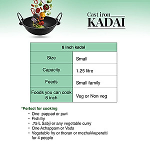 TAZBI Pre-Seasoned Small Cast Iron Kadai 8 Inch (Ready to Use-Hand Seasoned by Village Ladies Using Oil), Black