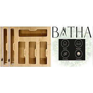 BATHA 6 in 1 Bamboo Ziplock Bag Storage Organizer with Foil and Plastic Wrap Dispenser with Cutter, Bamboo, Bag Organizer, 12" Roll Plastic Wrap, Foil…