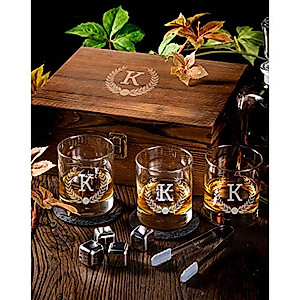 Froolu Personalized Whiskey Glasses Set in Wooden Gift Box - Includes 4 Scotch Glasses, 4 Natural Slate Coasters, 8 Chilling Stones & Tongs - Great Mens Home Bar Gift for Him, Husband, Dad