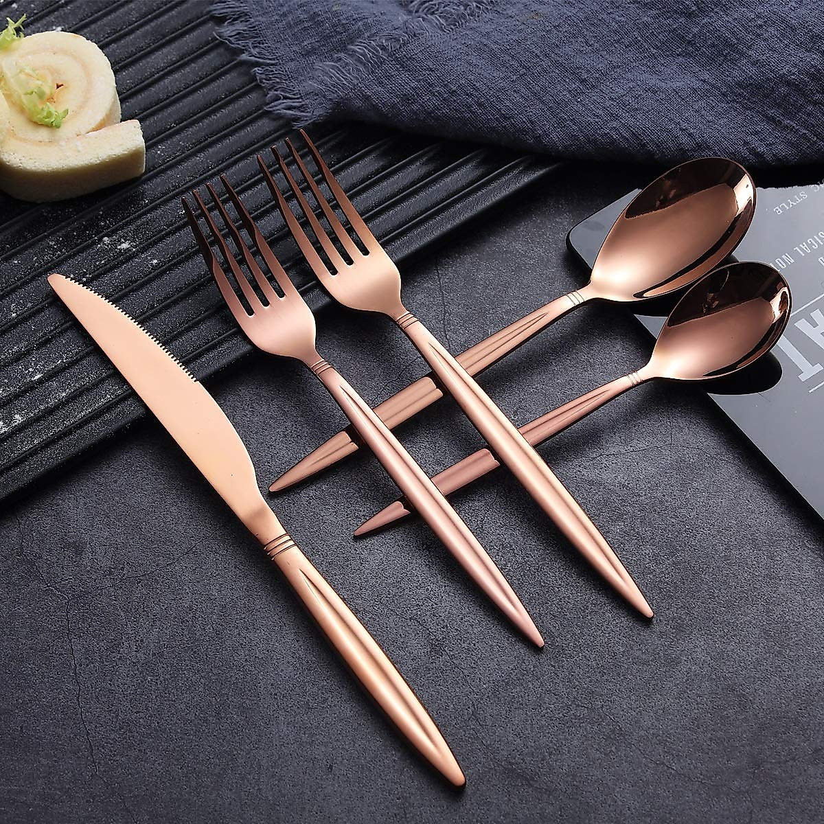 Rose Gold Silverware Set, Berglander Titanium Rose Gold Plating Flatware Set 20 Pieces, Stainless Steel Rose Gold Cutlery Set, Copper Silverware Set Service For 4