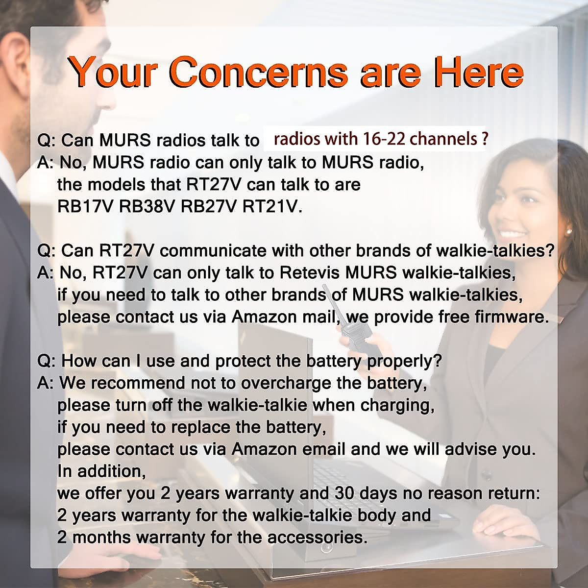 Retevis RT27V MURS 2 Way Radios, Walkie Talkies with Earpiece, Rechargeable, License-Free, 5 Low Traffic Channel, Two-Way Business Radios for Service Emergency Rescue Church(10 Pack)