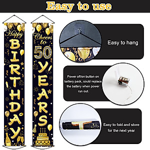 50th Birthday Party Banner Lighted Decorations for Women Men 50 Year Old Lighted Door Banners Black Gold Cheers to 50 Years Birthday Party Supplies Porch Sign with LED Light for Outside Lighted Decor