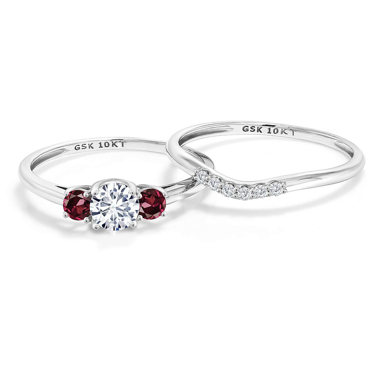 10K White Gold Forever Brilliant Moissanite From Charles & Colvard and Red Rhodolite Garnet and Lab Grown Diamond 3-Stone Bridal Engagement Wedding Ring Set For Women (0.81 Cttw, Round 5MM, Size 6)