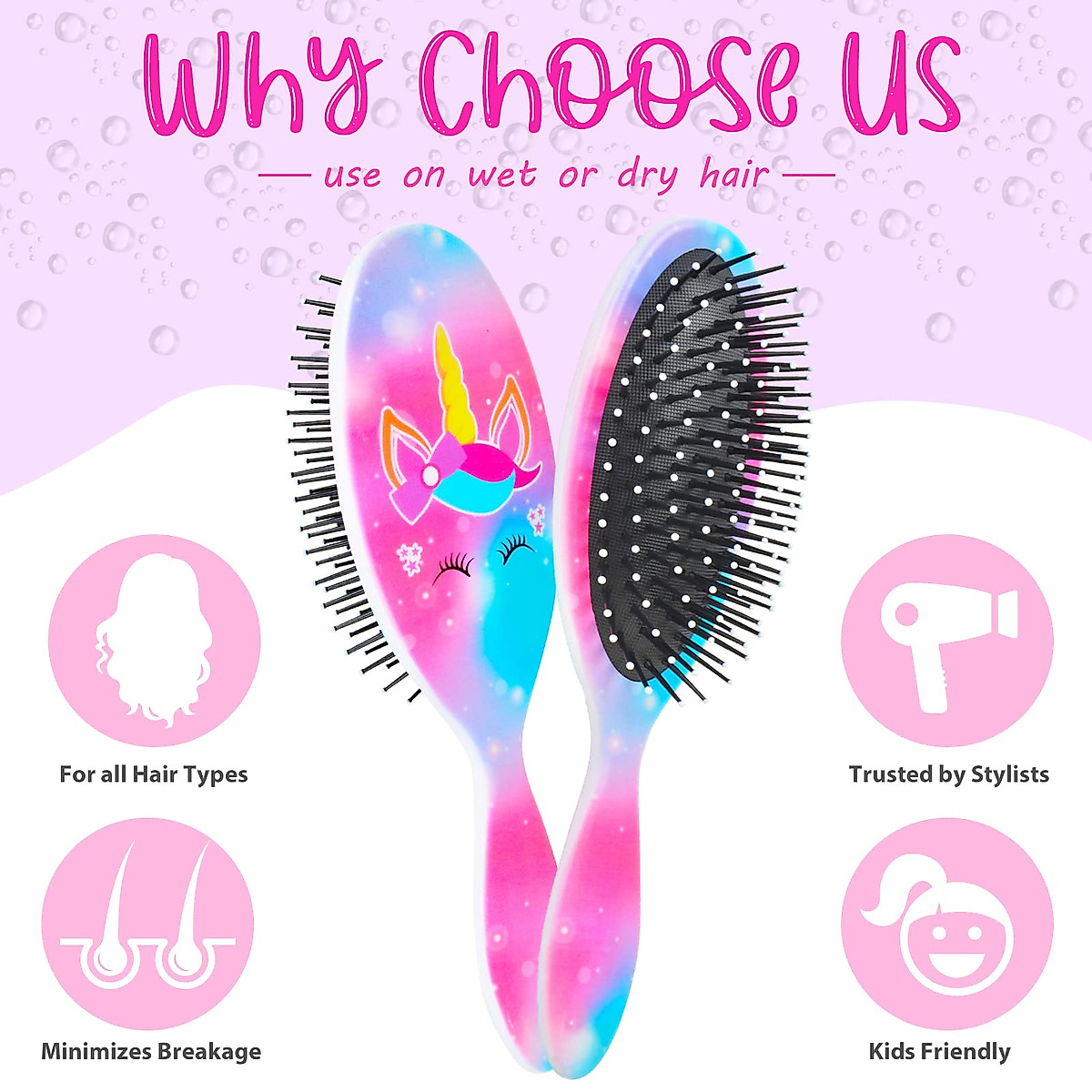 Girls Wet Dry Detangling Brush for Curly, Thick Hair - Pain-Free Bristles for Women & Kids (Starry Unicorn)