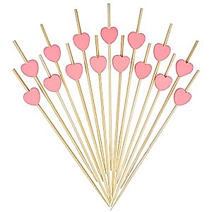 Minisland Pink Heart Fancy Toothpicks for Appetizers 4.7 Inch Long Cute Bamboo Cocktail Picks Wedding Valentines Day Party Food Fruit Drinks Decorative Skewer Sticks 100 Counts -MSL134