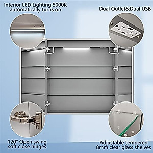 ExBrite LED Lighted Bathroom Medicine Cabinet with Mirror, 30 x 32 Inch, Recessed or Surface led Medicine Cabinet, Clock, Room Temp Display,Defog,Stepless Dimming,3-Color Temper Change, Outlets & USBs