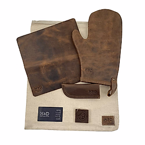 Hide & Drink, Leather Oven Glove, Potholder Sheet & Panhandle - Metal Skillet Grips - Kitchen & Bakery Essentials Handmade