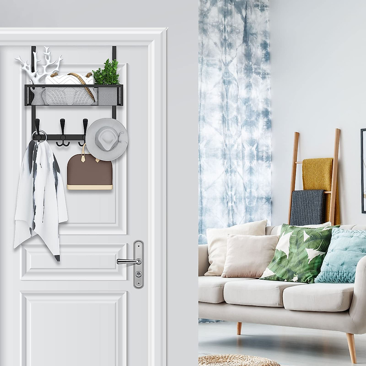 Kaiferty Over The Door Hooks Organizer,Over Door Hanger Towel Rack Mesh Basket with 12 Hooks,Back of Door Storage Organizer for Bedroom,Bathroom,Kitchen,Office(Black)