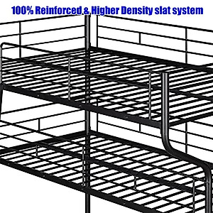 SNIFIT Upgraded Version & Stronger Metal Full XL Over Twin XL Over Queen Triple Bunk Bed, Thickened Reinforced Triple Steel Bunk Bed Frame with Safer Ladder & Guardrail (Faster Assembly) (Black)