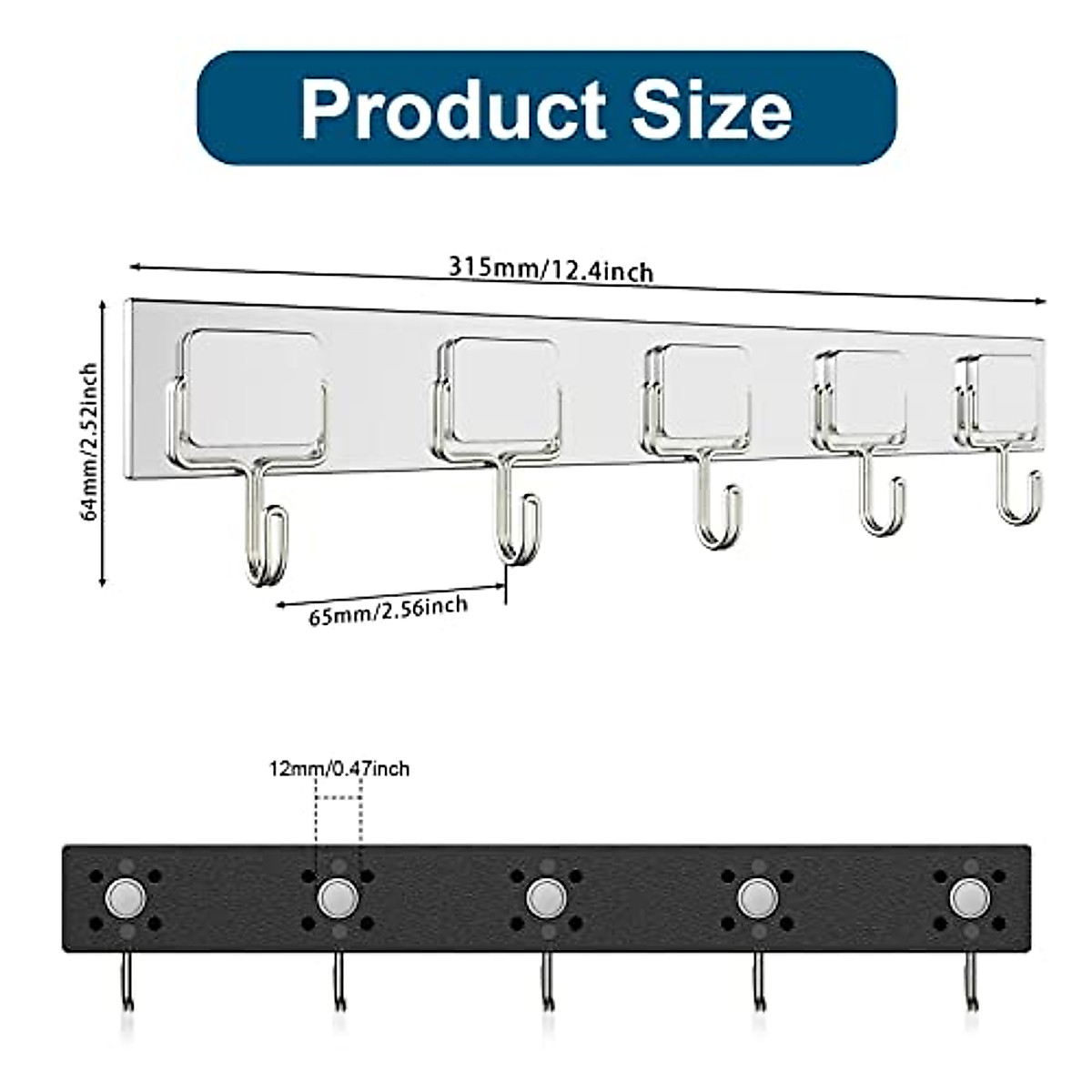 MAGTSMEI Coat Rack Wall Mount, Magnetic Hooks Heavy Duty with 5 Metal Hooks, Coat Rack for Hanging Clothes Keys Hat Purse, Magnetic Hooks for Metal Door, Refrigerator, 1 Pack Coat Hook (Silver)