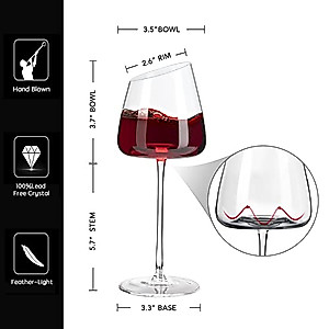 Modern Slanted Red Wine Glasses Set of 4,Elegant Hand-Blown Long Stem Wine glasses with Unique Concave Base, Premium Crystal Glassware,for Wedding,Wine Tasting, Anniversary,and Christmas-13.5 oz