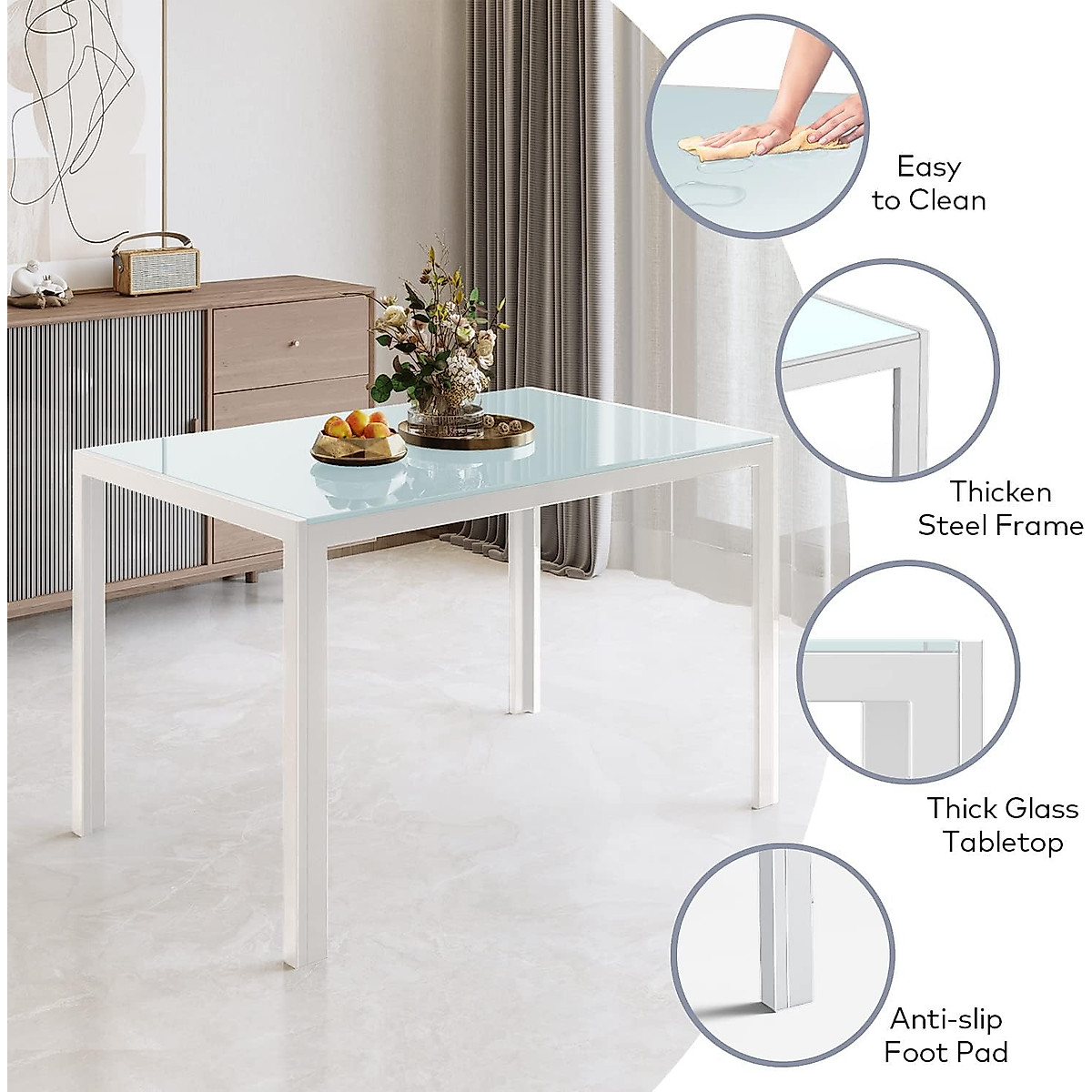 Gizoon Glass Dining Table Sets for 6, 7 Piece Kitchen Table and Chairs Set for 6 Person, PU Leather Modern Dining Room Sets for Home, Kitchen, Living Room