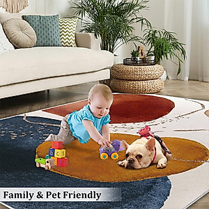 Mid Century Terracotta Geometric Area Rug, Burnt Orange Navy Block Gold Line Non Slip Carpet, Low Pile Easy Machine Washable Rug for Sofa Table Under Living Room Bedroom Decor Mat - 3 ft x 4 ft