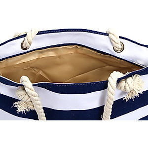 Leisureland Canvas Tote Beach Bag, Rope Handle Water Resistant Shoulder Bag (Stripe Navy Blue)
