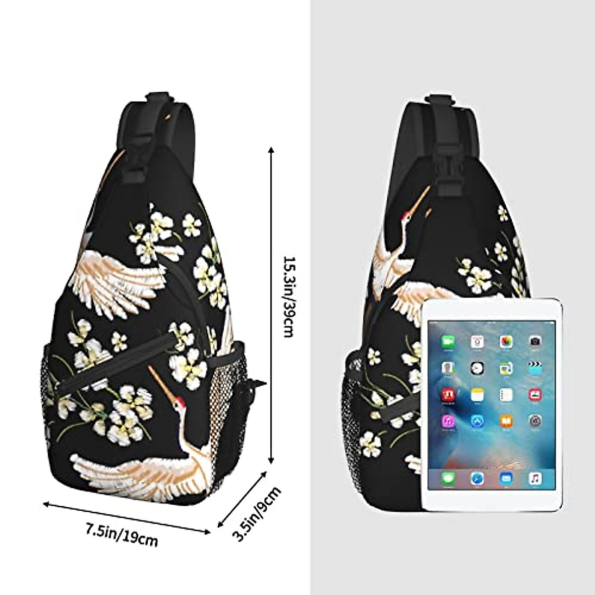 Retro Japanese Embroidery Crane Cherry Blossom Cross Chest Bag Diagonally Sling Backpack Crossbody Shoulder Bag Travel Hiking Daypacks for Men Women