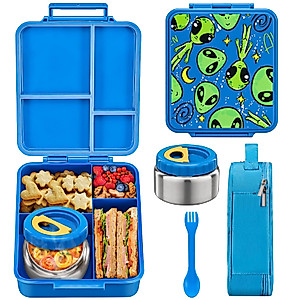 MAISON HUIS Bento Lunch Box for Kids With 8oz Soup Thermo, Leakproof Lunch Compartment Containers with 4 Compartment Bento Box, Thermo Food Jar and Lunch Bag, BPA Free,Travel, School(Alien in Space)
