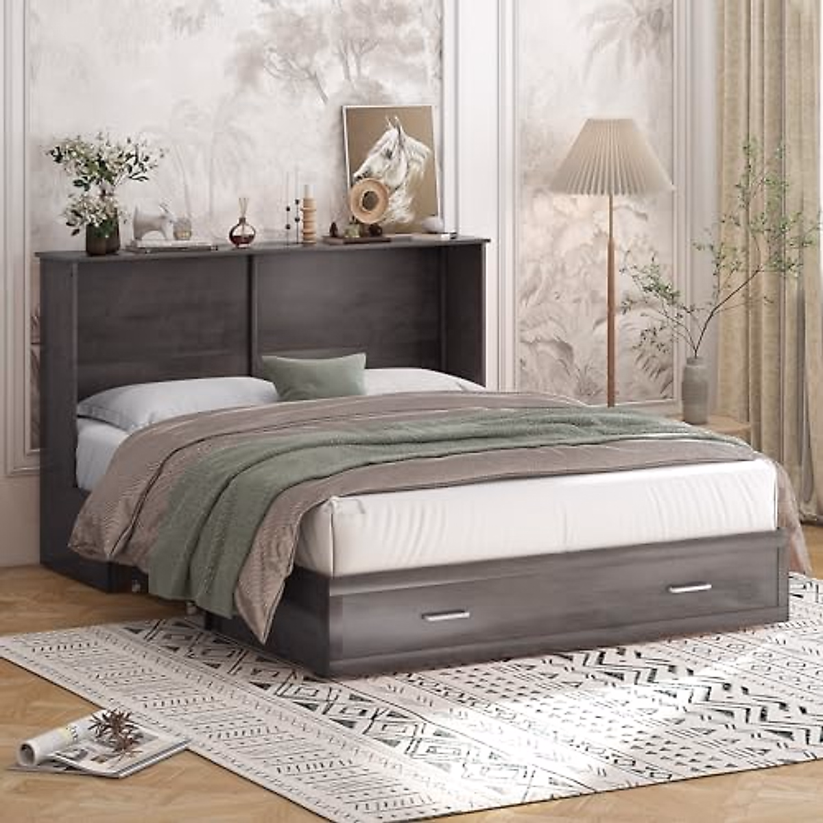 Mjkone Queen Murphy Bed with USB Charging Station | Modern Cabinet Bed with Tri-Folding Mattress | Hide-Away Bed with 2 Drawers for Bedroom | Guest Room | Office (Grey Pattern XI)