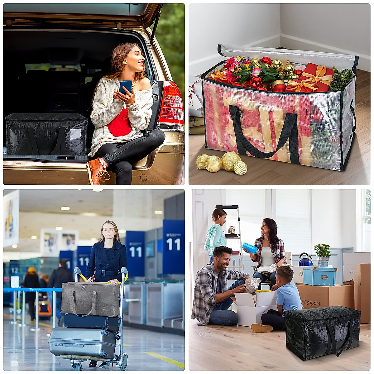 BALEINE 6-Pack Oversized Moving Bags with Reinforced Handles, Heavy-Duty Storage Tote for Clothes, Moving Supplies (Black, 6-Pack)