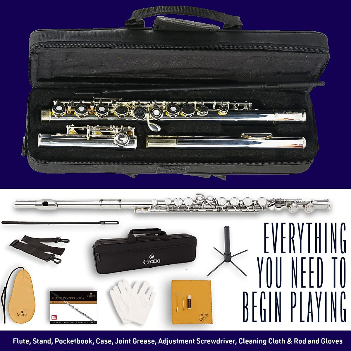 Cecilio Closed Hole C Flute - Musical Instrument, Kids Beginner/Intermediate Flute in Band & Orchestra, Nickel ﻿