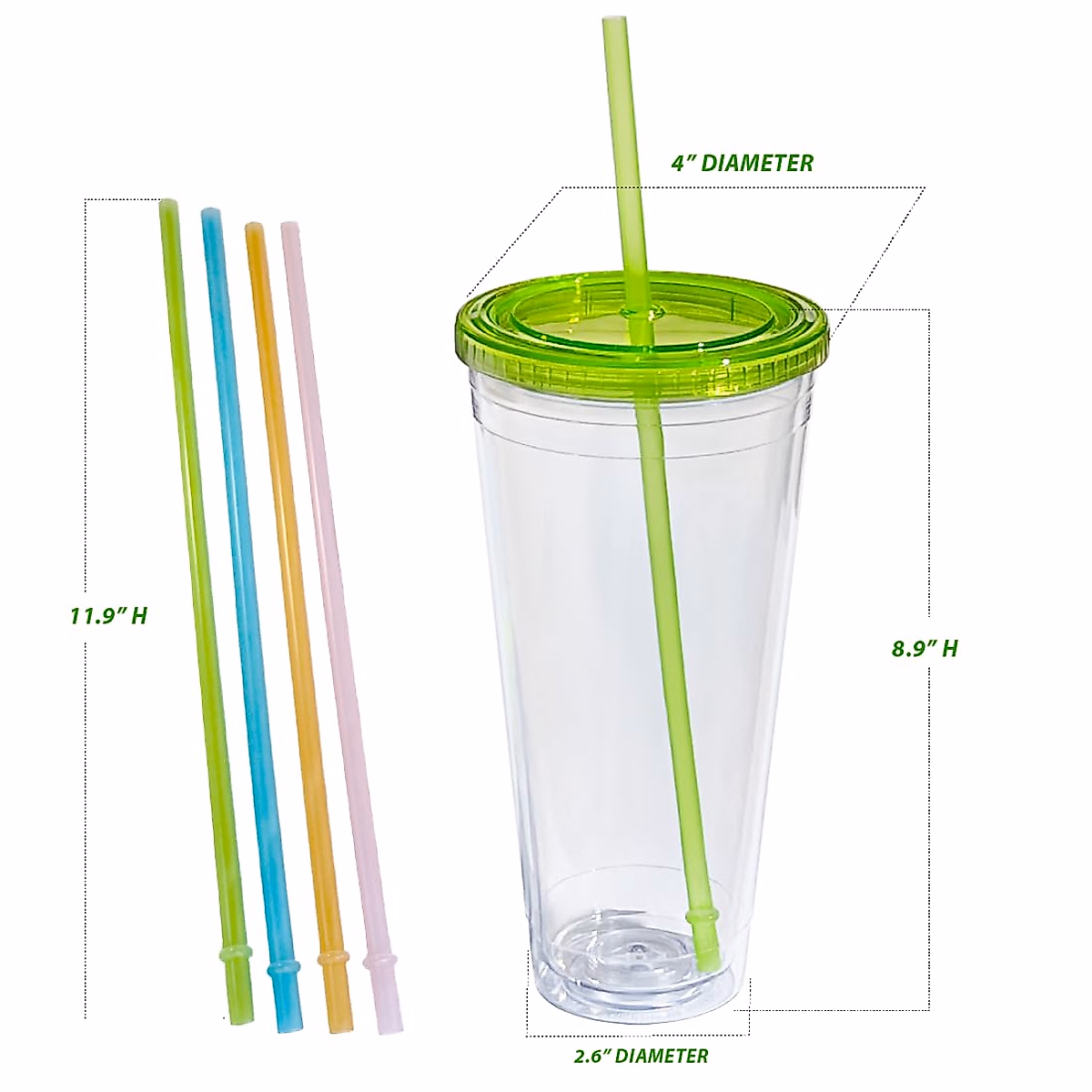 Lily's Home Insulated Tumbler Cups with Straws and Lids, Double Wall Clear Acrylic Plastic. Perfect for Iced Coffee, Hot Drinks, Water. BPA Free. Multicolor lids - 4 Pack (32 oz, Clear)