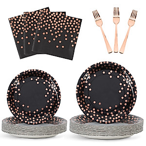 CENLBJ Black and Rose Gold Party Supplies,Disposable Party Dinnerware,Black Rose Golden Dot Paper Plates,Napkins,Forks forWeddings Birthday Graduation Decor Serve 25