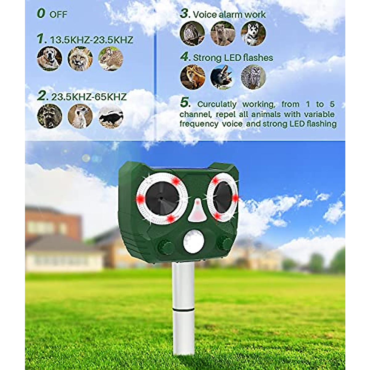 Solar Animal Repeller Ultrasonic Deer Repellent Devices Outdoor for Bird Skunk Rabbit Raccoon Cat Dog Fox, Waterproof Animal Deterrent with PIR Sensor Alarms Strobe Lights for Yard Farm Garden