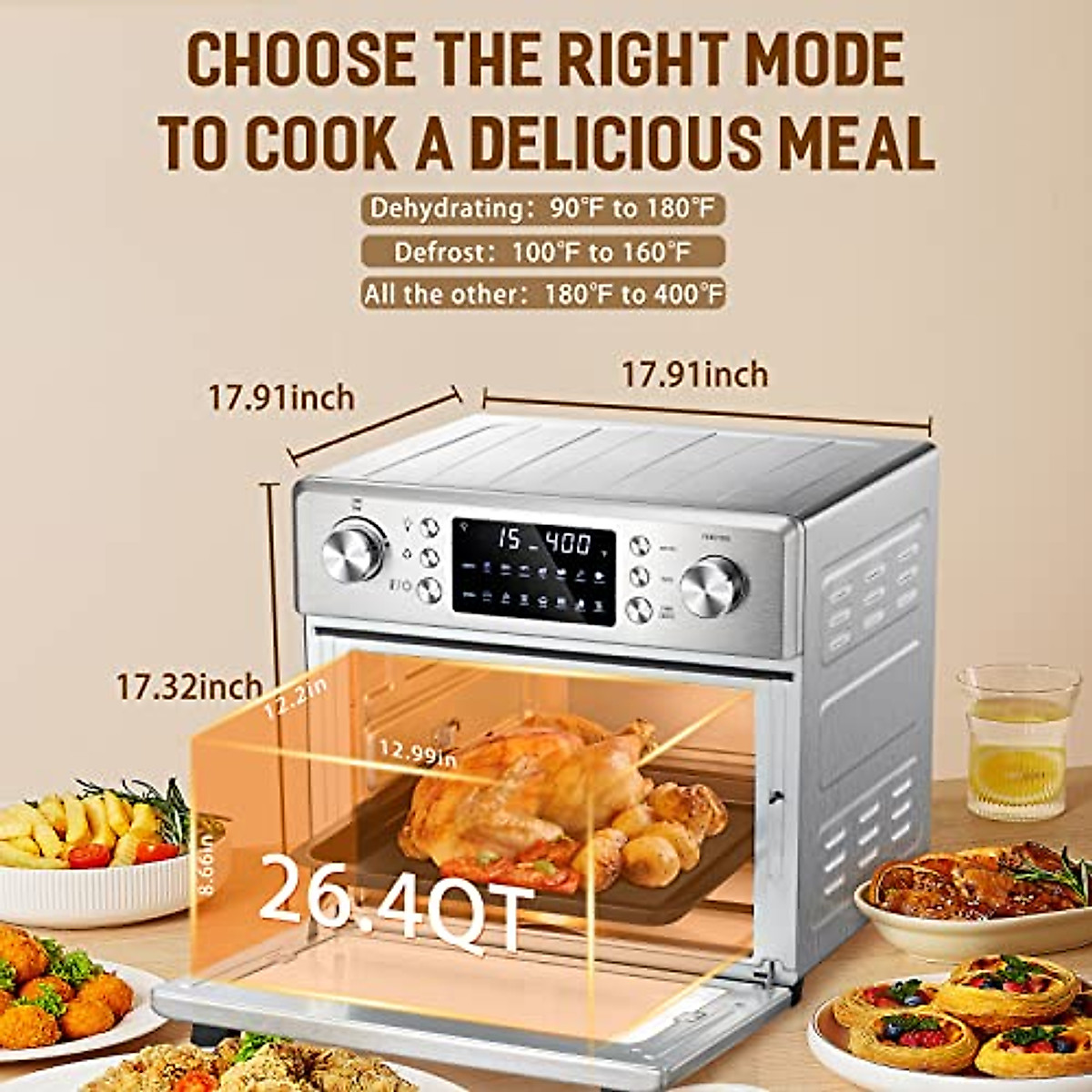 Antarctic Star Air Fry Oven Bake Broil Toast Air Fry Air Roast Digital Toaster Smart Thermometer True Surround Convection Adjustable Temperature Control from 180℉ to 400℉, 26QT/25L, 360°Rapid Air Heating Circulation Cook French Fries Chips Pizza Beef Pork