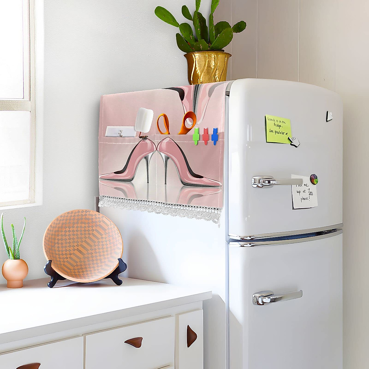 Pink High Heel Shoes Butterfly Washing Machine Cover, 51''x22'' Non Slip Washer Dryer Top Cover Mat for Front Load Waterproof Refrigerator Fridge Dust Proof Cover with 4 Storage Bags Home Decor