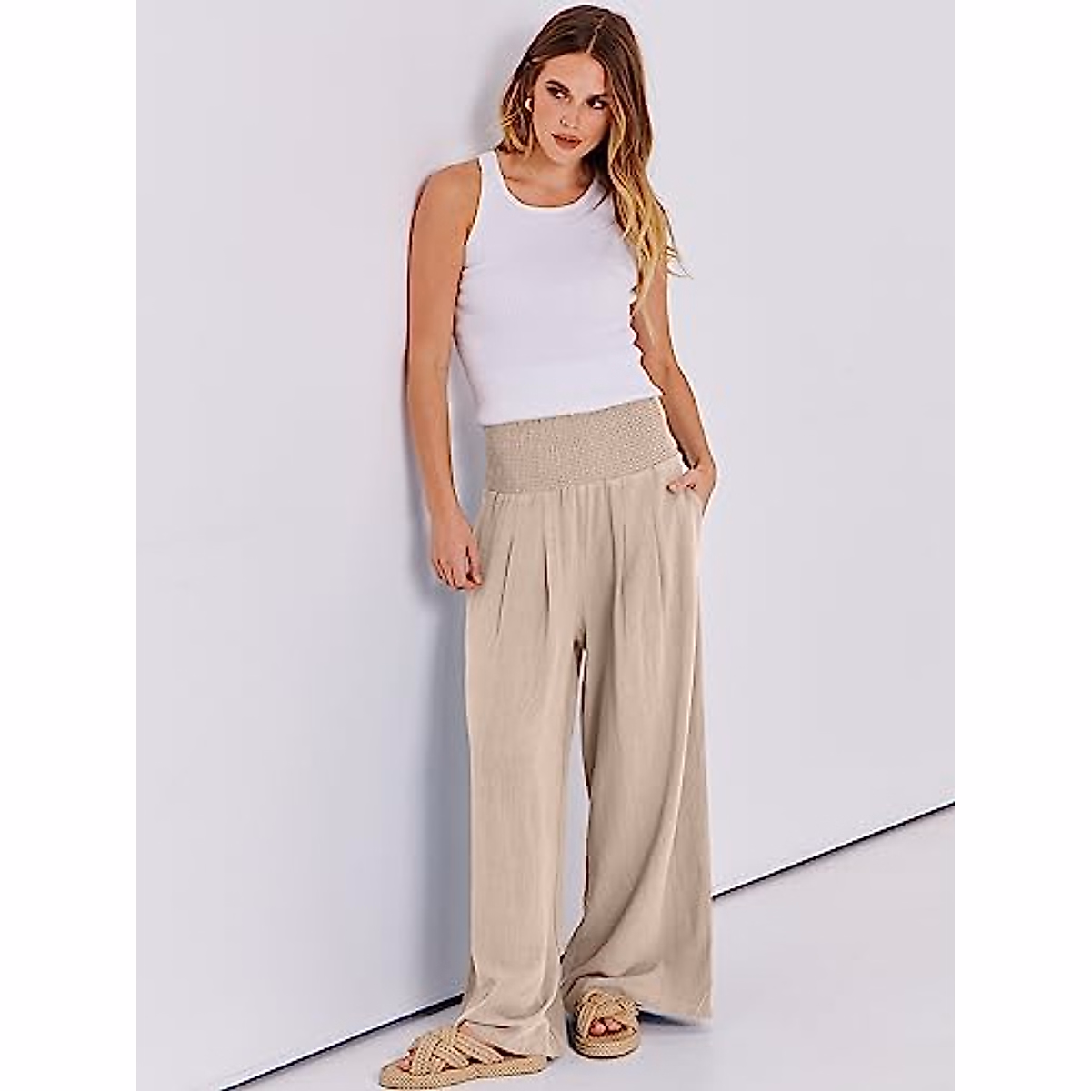 ANRABESS Women Linen Palazzo Pants Summer Boho Wide Leg High Waist Casual Lounge Pant Trousers with Pocket 1091mixing-S