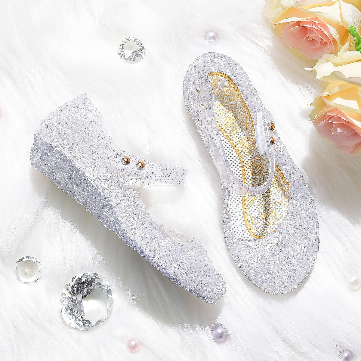 Funnyko Girls Princess Sandals Shoes Cosplay Mary Jane Dance Party Dress Jelly Flat (8.5 Toddler, White)