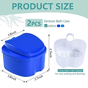 OBTANIM 2 Pack Denture Bath Cup Case Box Holder Storage Soak Container with Strainer Basket for RetainersTravel False Teeth Cleaning (Blue, Green)