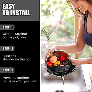 Clip On Kitchen Food Strainer for Spaghetti, Meat, Pasta, & Ground Beef Grease, Colander & Sieve Snaps or Clips Onto Bowls, Pots & Pans Includes Silicone Drainer, Brush & Garlic Peeler (Black)