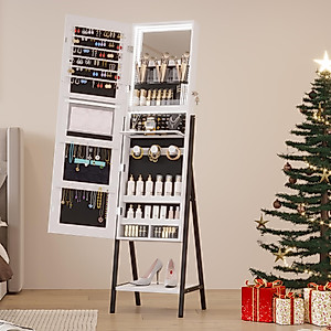 jajov 47.2" LED Jewelry Cabinet Armoire, Standing Mirror with Jewelry Storage, Jewelry Organizer Armoire with Full Length Mirror, Lockable Jewelry Mirror Cabinet (White)