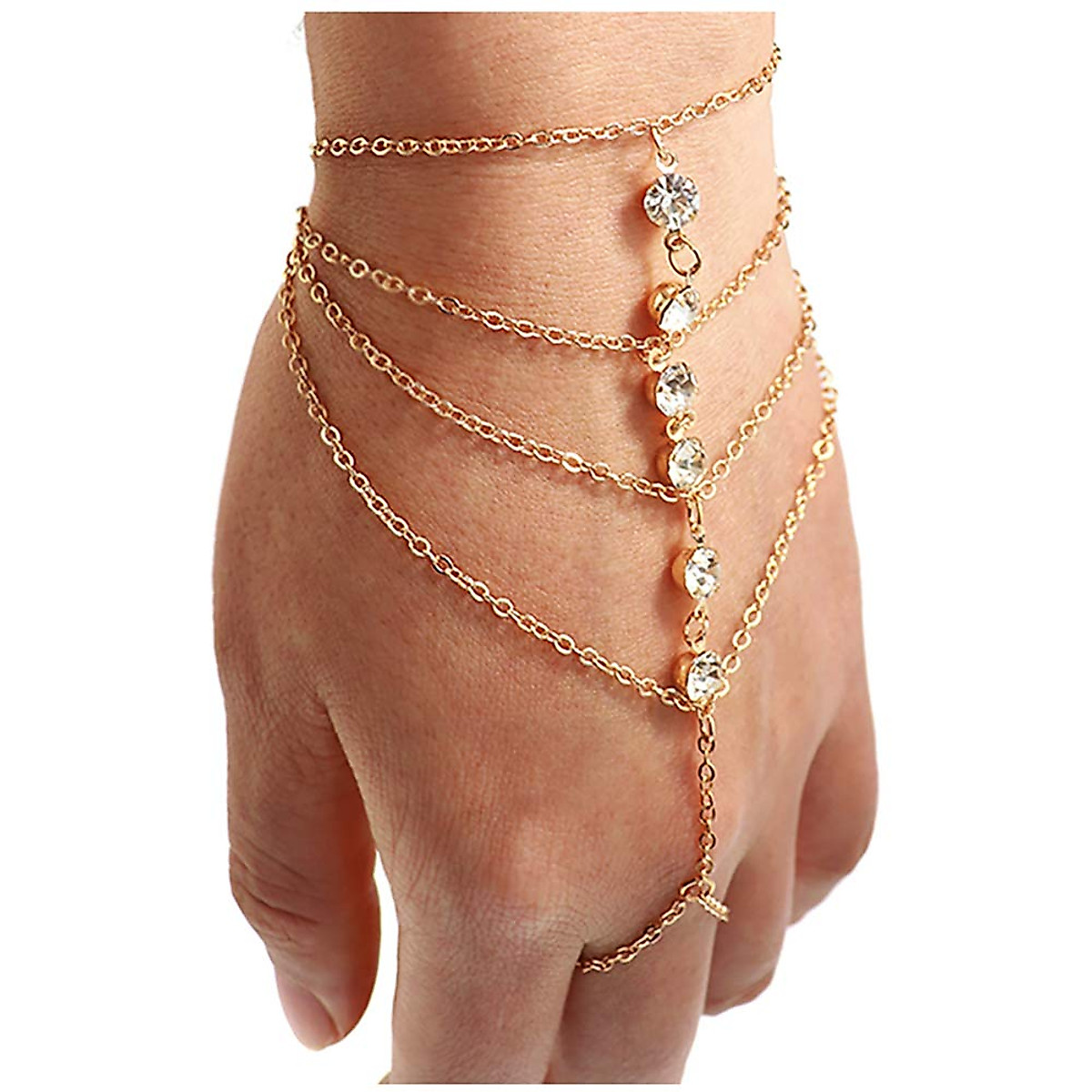 Suyi Finger Ring Bracelet Hand Harness Chain Bracelet Rhinestone Gifts for Women Gold 10CM/3.9IN 2 Pieces