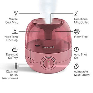 Honeywell Mini Cool Mist humidifier, Easy to Fill and Clean, humidifier for small Bedroom, Kids Rooms, or office. Ultra Quiet Operation and Auto Shut-Off - Rose, HUL525R