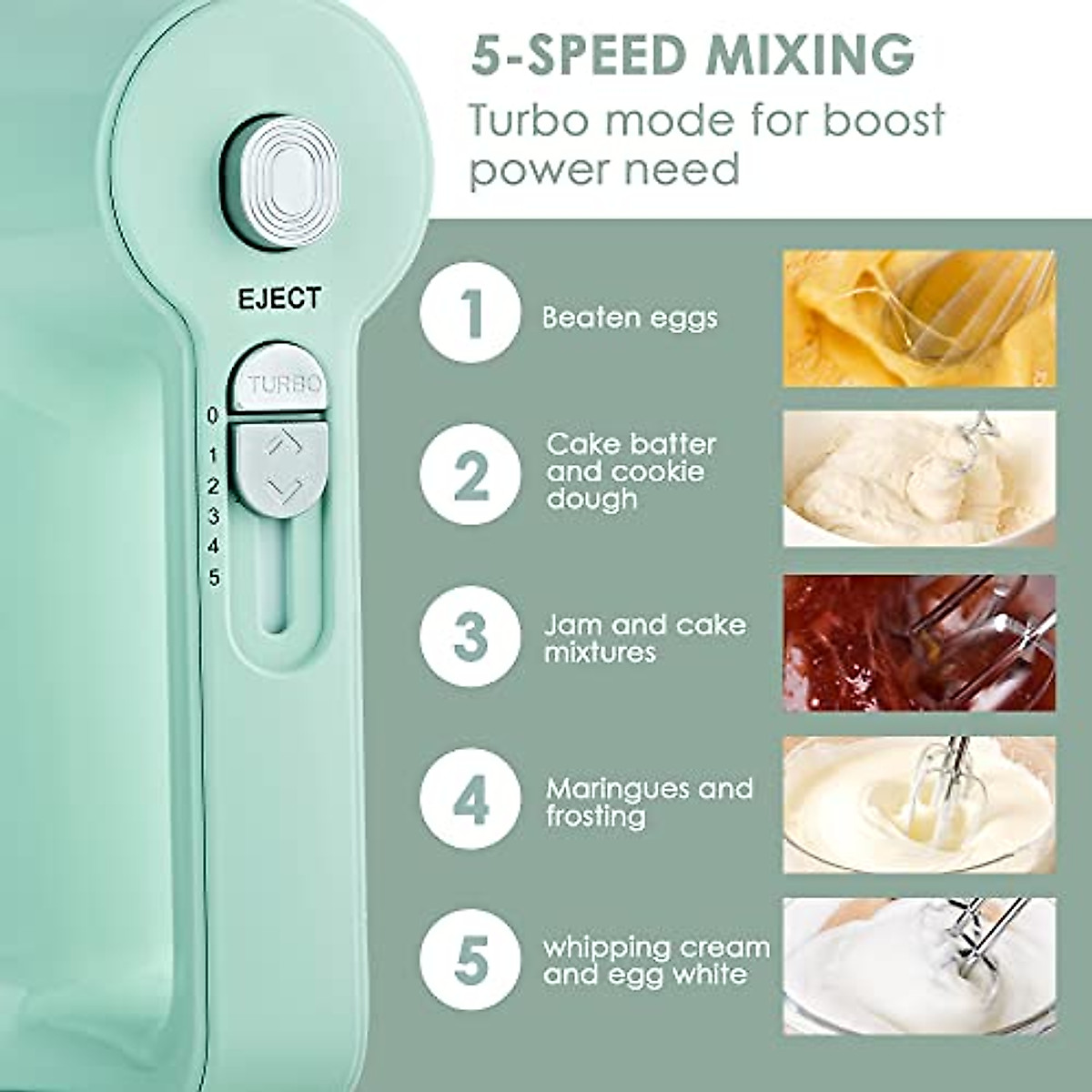 REDMOND Hand Mixer Electric, 5-Speed Hand Mixer with Measuring Storage Case, Kitchen Handheld Mixer Includes Dough Hooks, Whisk and Beaters for Cream, Cake, Cookies, Eggs 250W Hand Mixer with Measuring Box, HM018 Mint Green