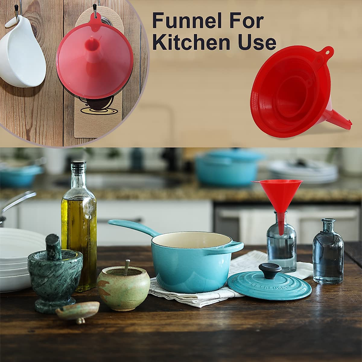 KongNai 4 Pieces Plastic Funnel Set for Kitchen and Automotive Use, Mini, Small, Medium and Large Funnel for Filling Bottles, Canning, Cooking, Lab or Car Oil Funnels