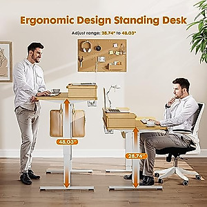 Sweetcrispy Electric Standing Desk Adjustable Height Stand Up Desk, 63 x 24 Inch Sit Stand Desk Adjustable Desk, Home Office Computer Desk with Storage Shelf, Double Drawer, Splice Board, Oak Desktop